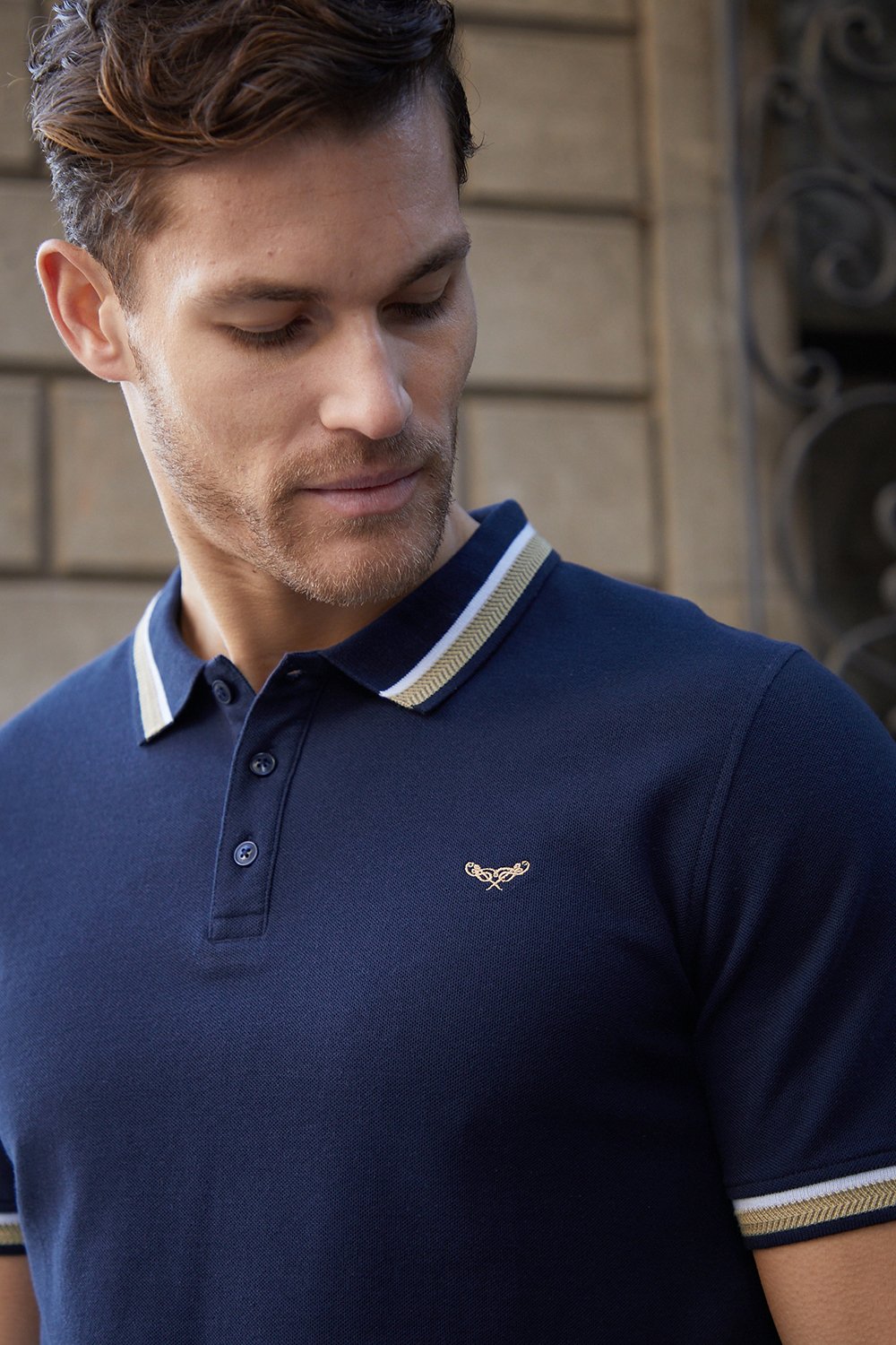 Navy 'Dorry' Herringbone Tipping Cotton Pique Polo Shirt