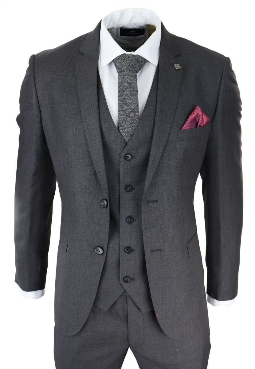 Mens 3 Piece Charcoal Grey Classic Stitch Retro Suit