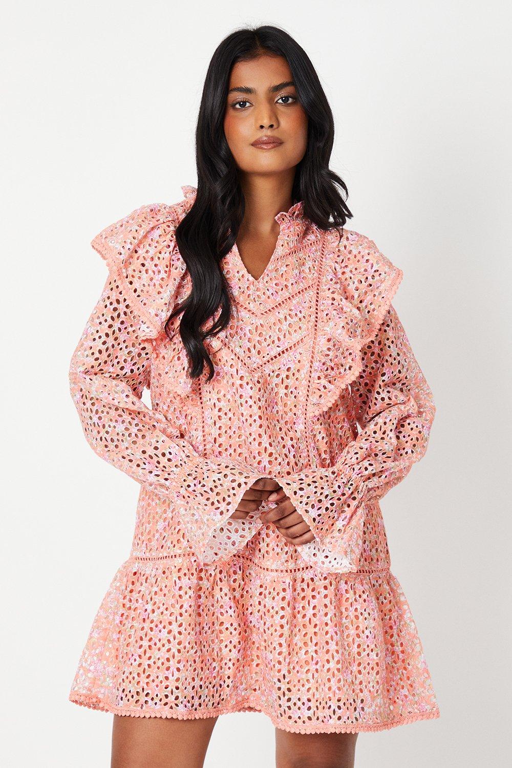 Floral Printed Broderie Frill Detail Mini Dress