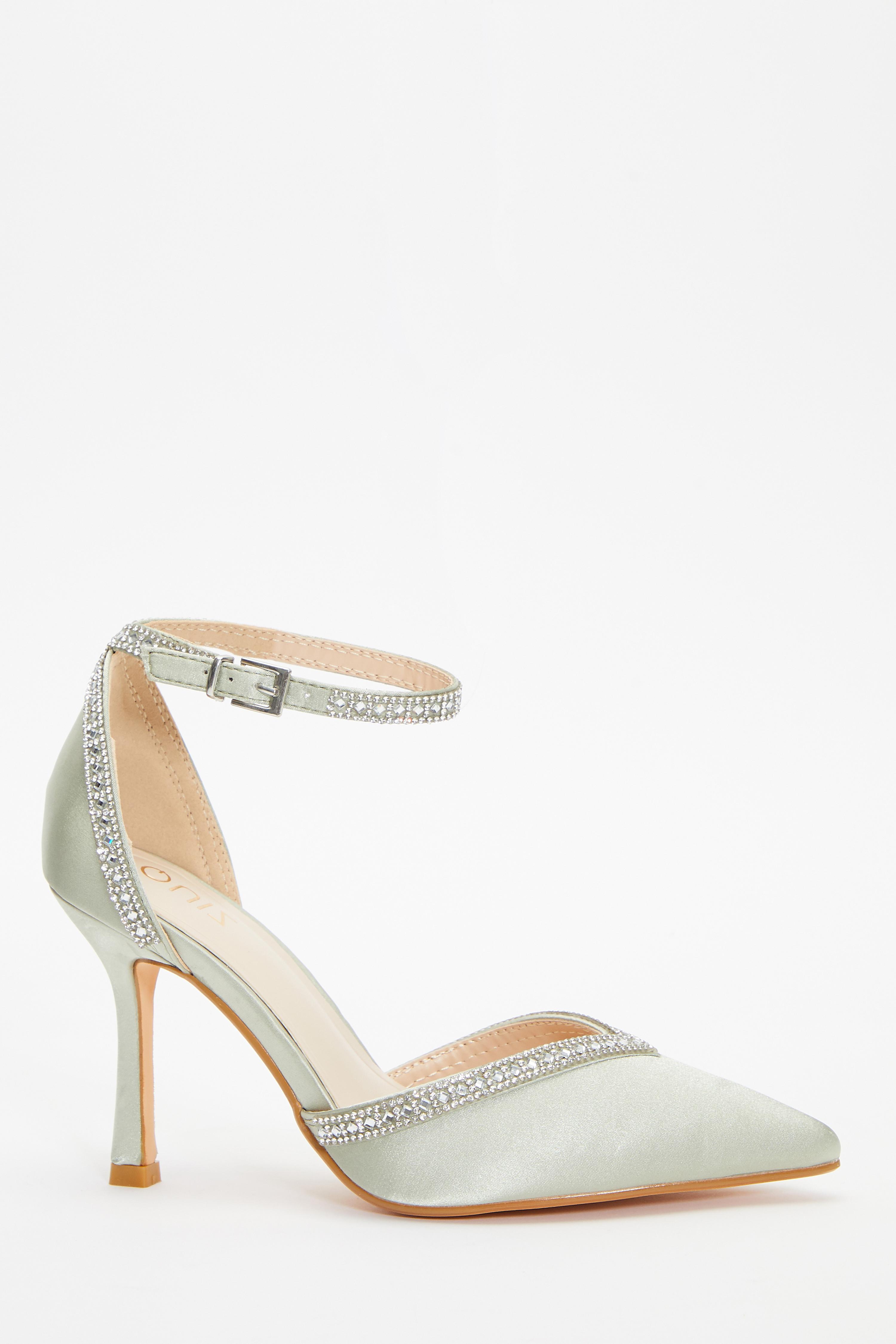 Sage Satin Diamante Trim Court Heels