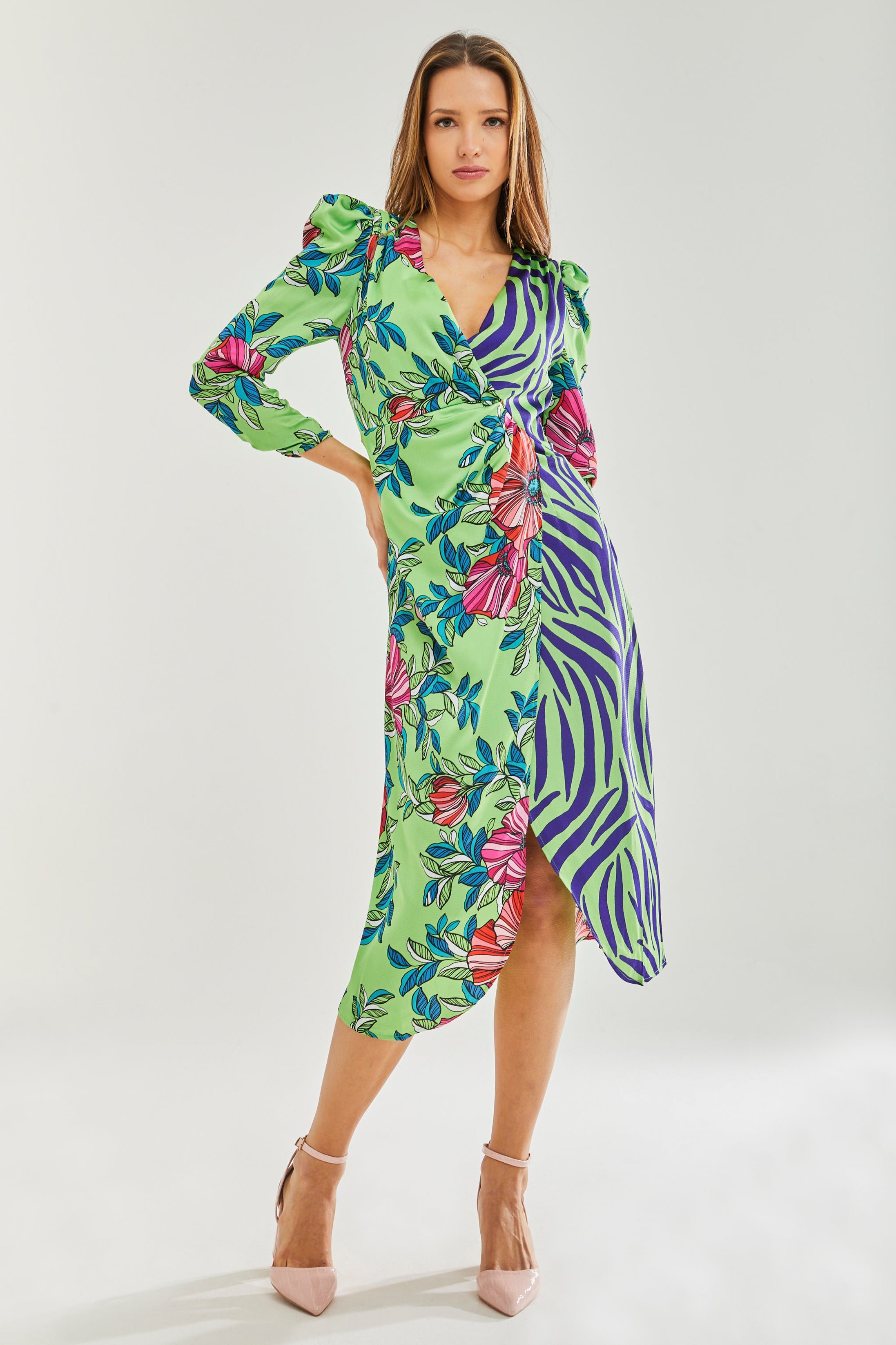 Liquorish Midi Dress in Floral and Animal Contrast Print with Waist ...