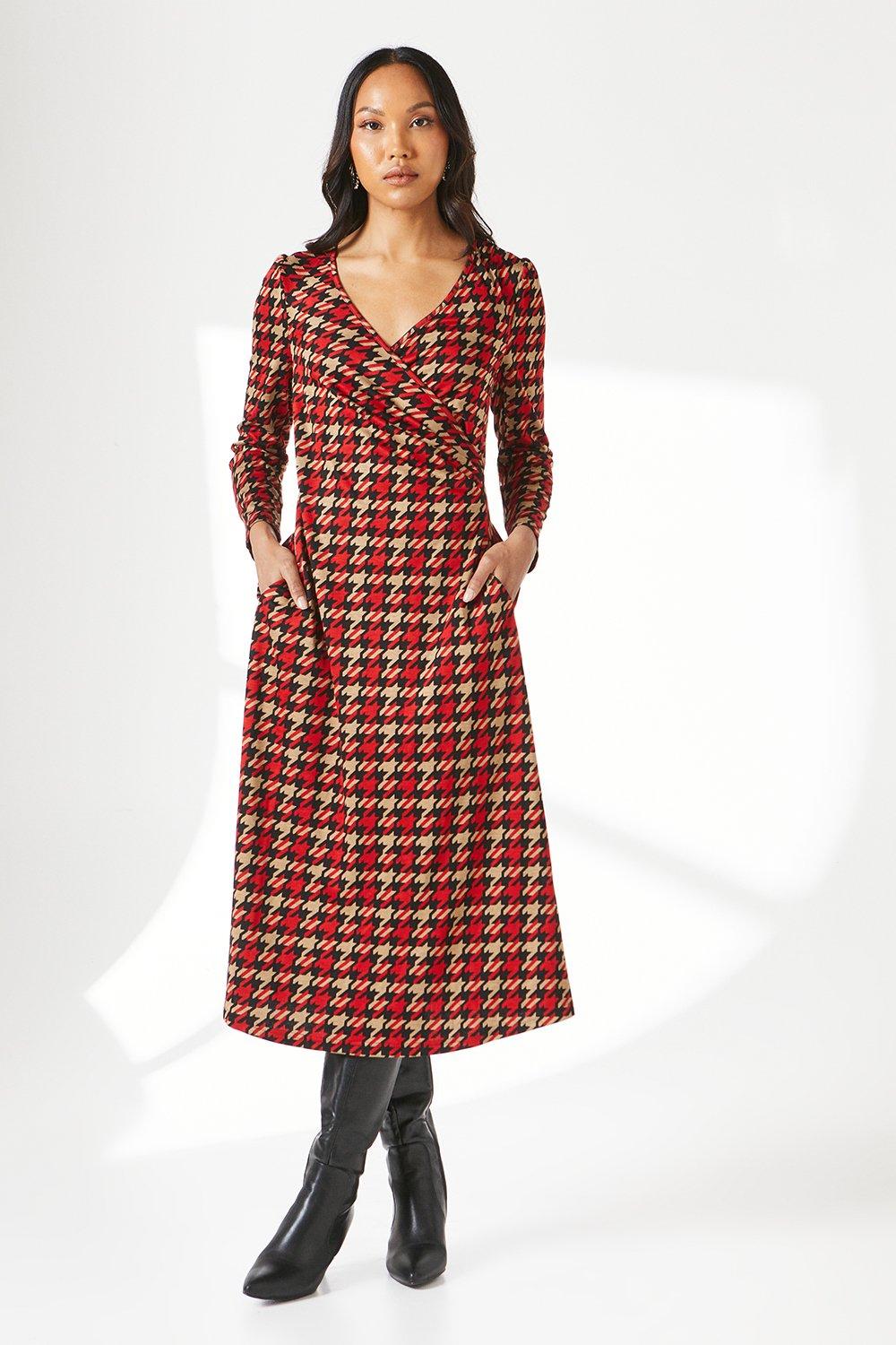 Red Dogtooth Jacquard Wrap Dress