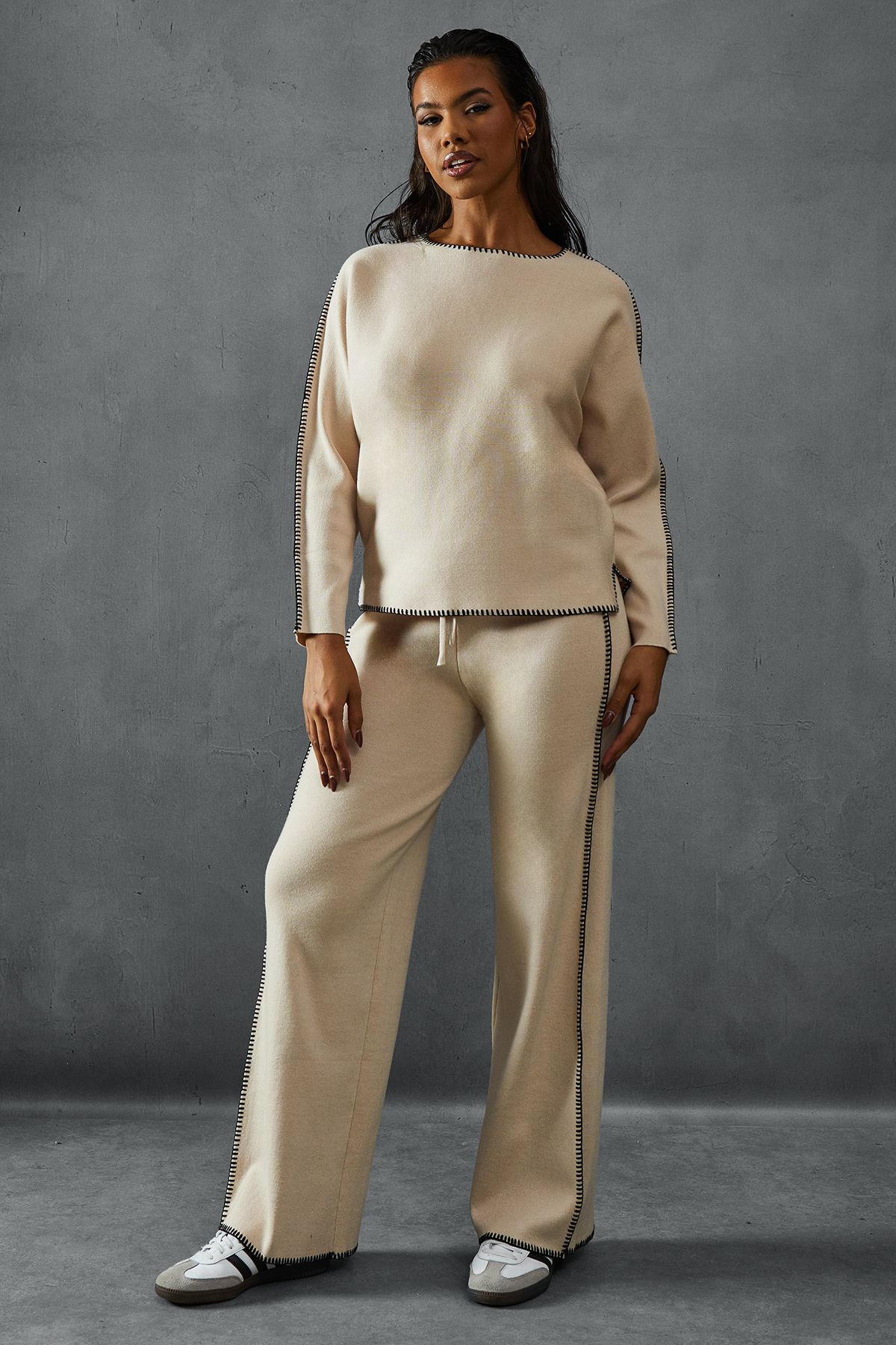 Contrast Seam Detail Slash Neck Jumper & Trouser Set