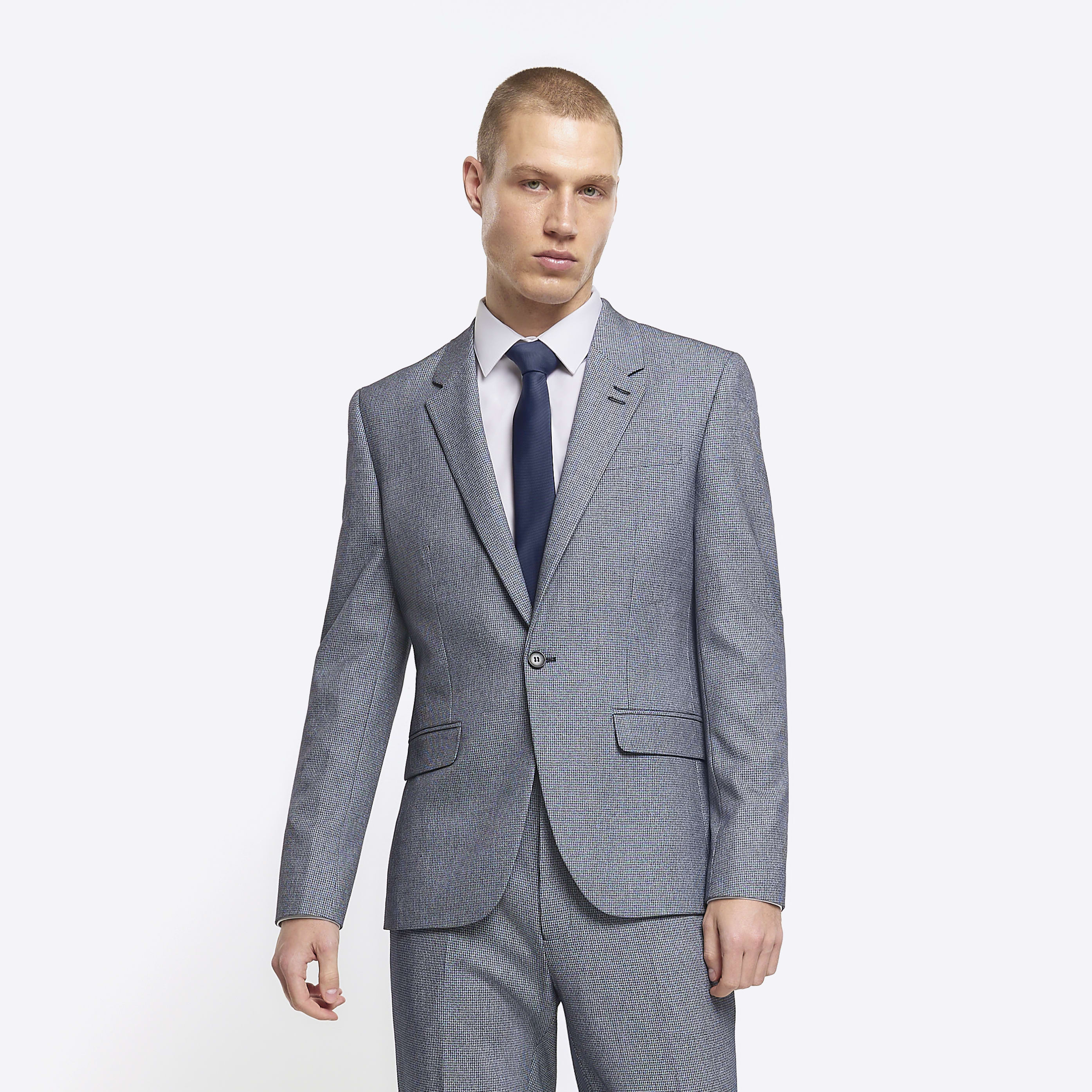 River Island Mens Suit Jacket Blue Skinny Fit Dogtooth