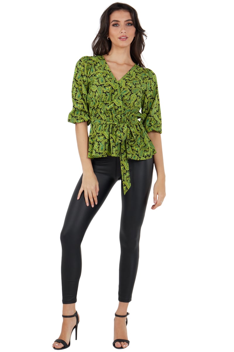 Black Paisley Print Wrap Top