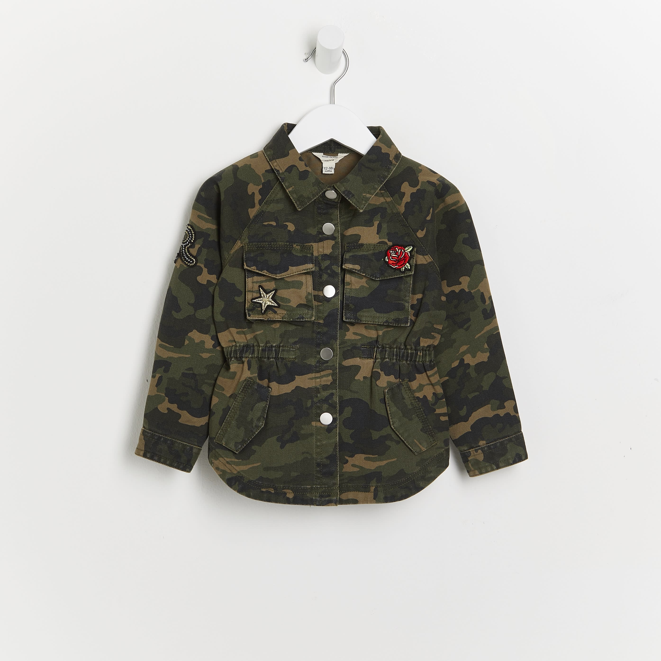 River Island Mini Girls Shacket Green Badge Camo Print