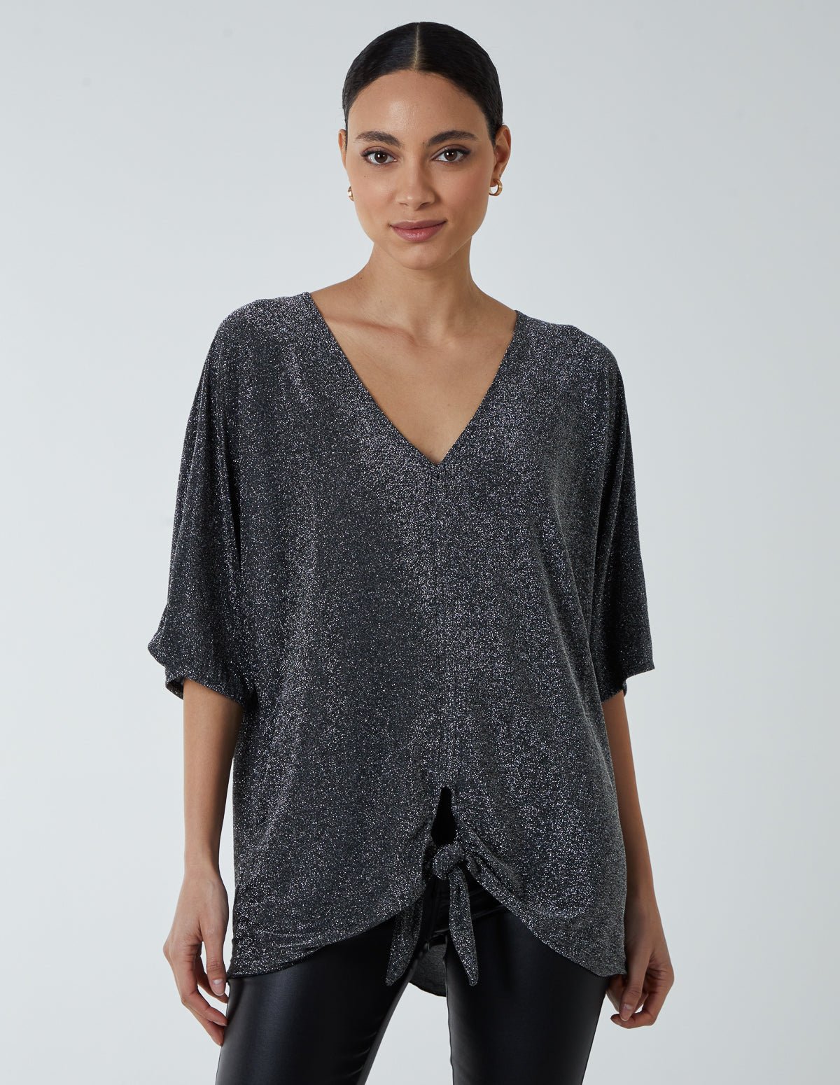 Oversized V neck knot front top