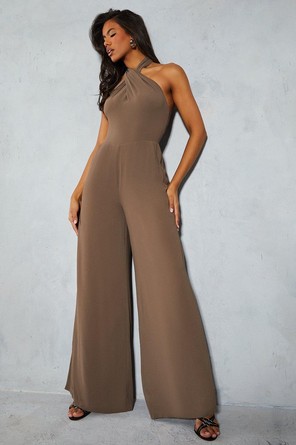Chiffon Knot Detail Halterneck Wide Leg Jumpsuit