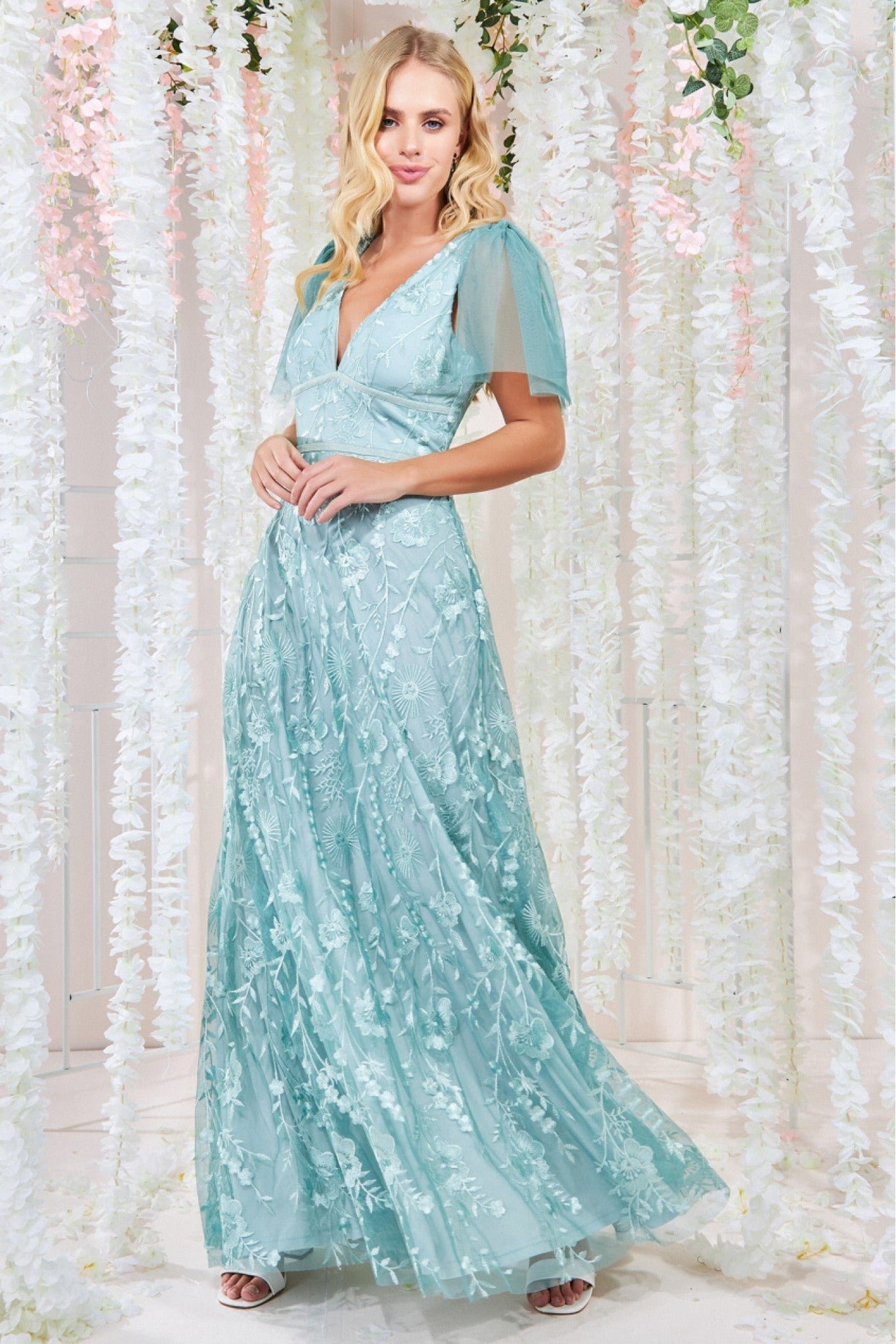 Embroidered Lace Maxi Flutter Sleeves