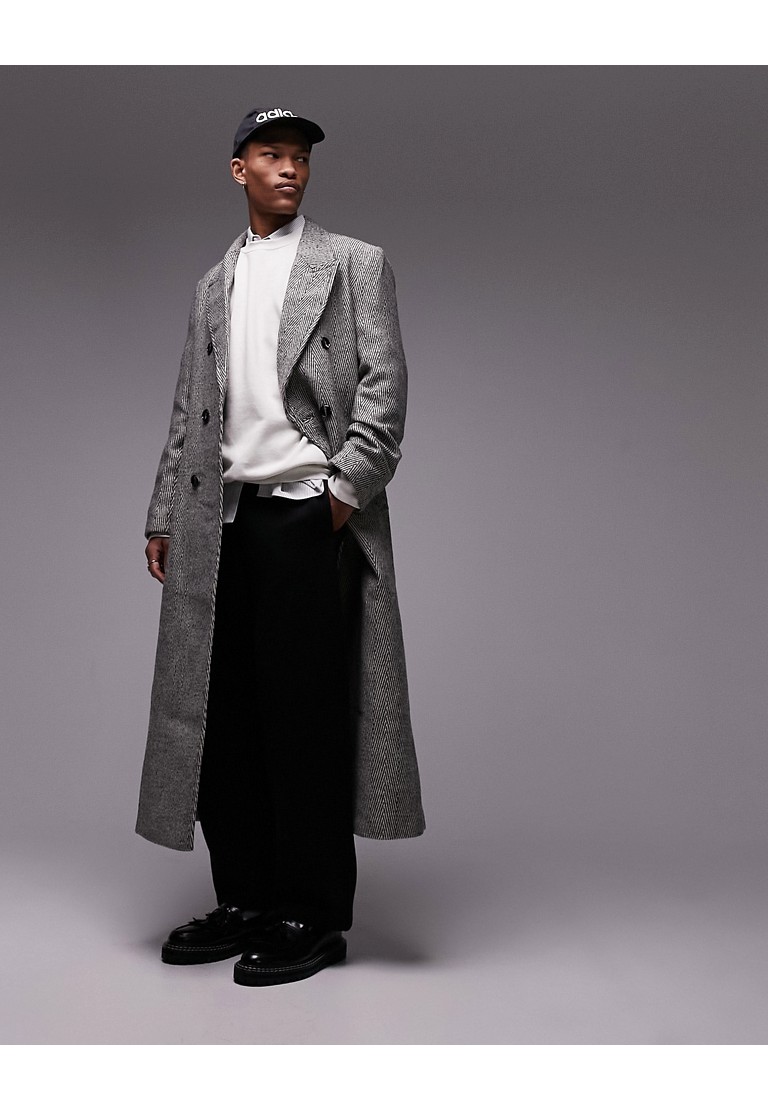 Topman double breasted herringbone overcoat in grey
