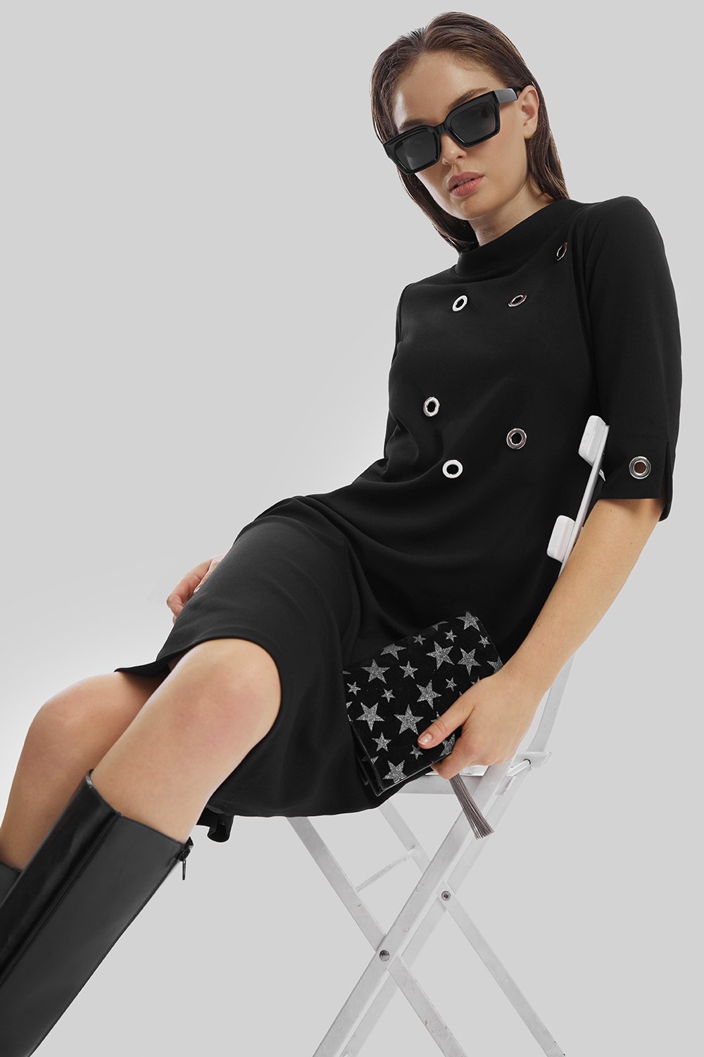 Eyelet High Collar Dress Black