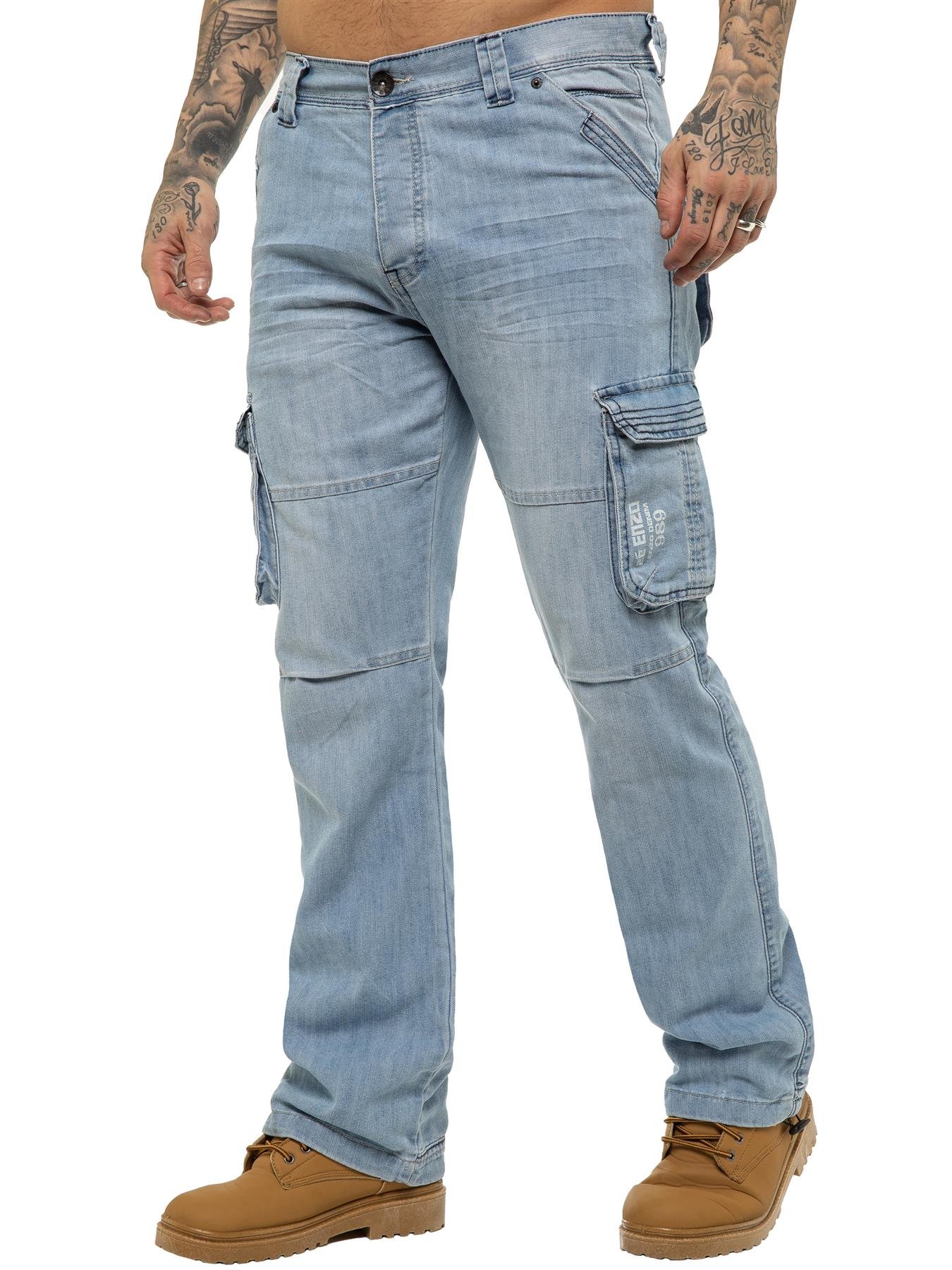 Enzo | Mens Cargo Combat Jeans - Light Blue