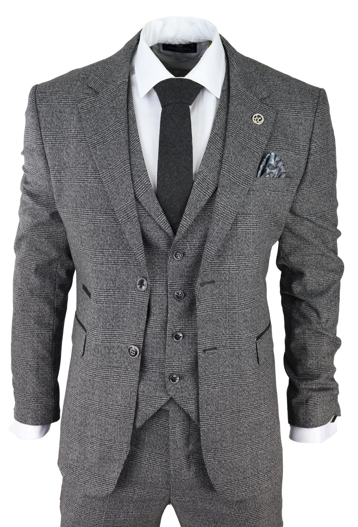 Mens Grey 3 Piece Suit Prince of Wales Check Classic Tailored Fit ...