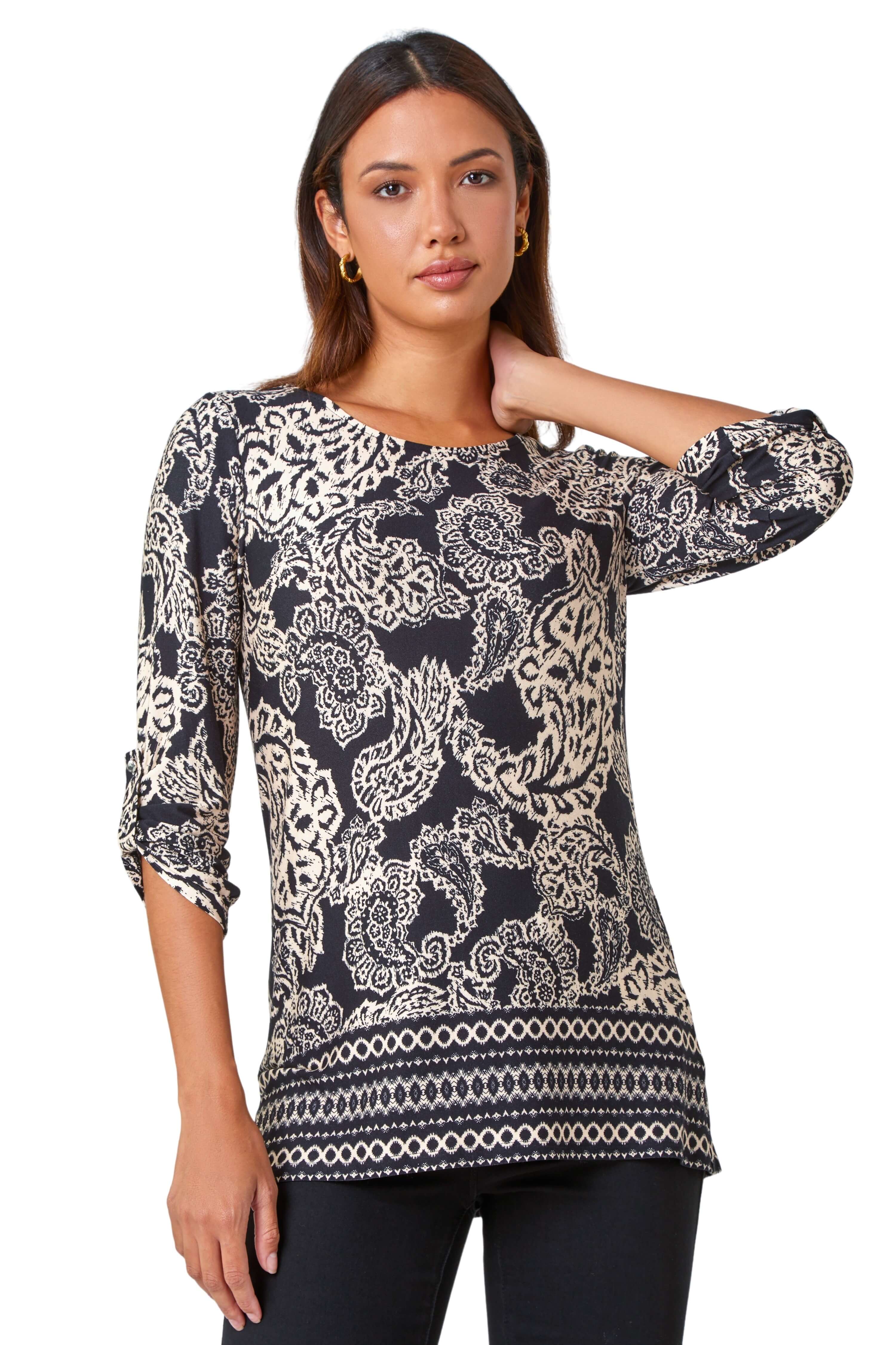 Paisley Border Print Tunic Stretch Top