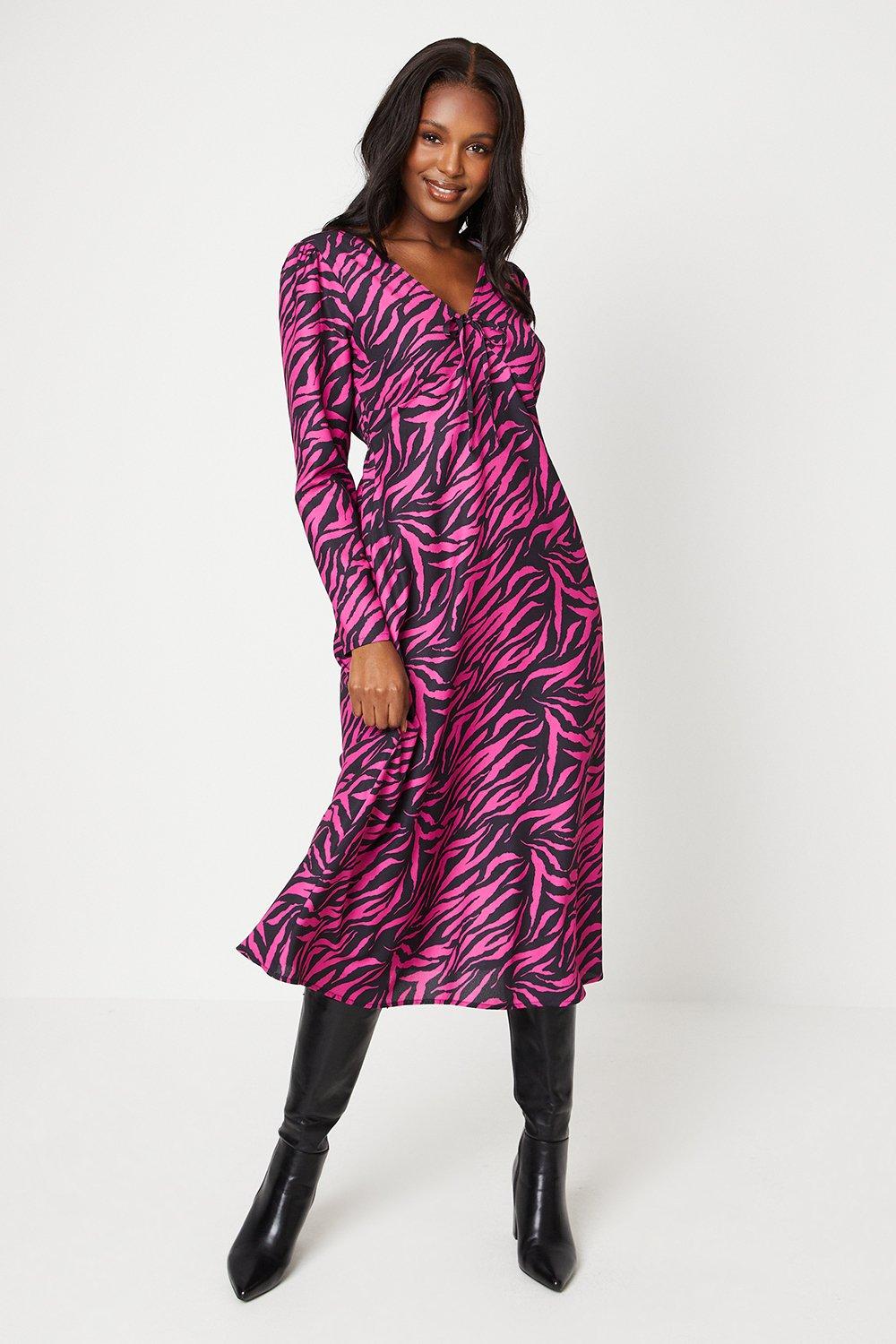 Pink Zebra Tie Front Midi Dress