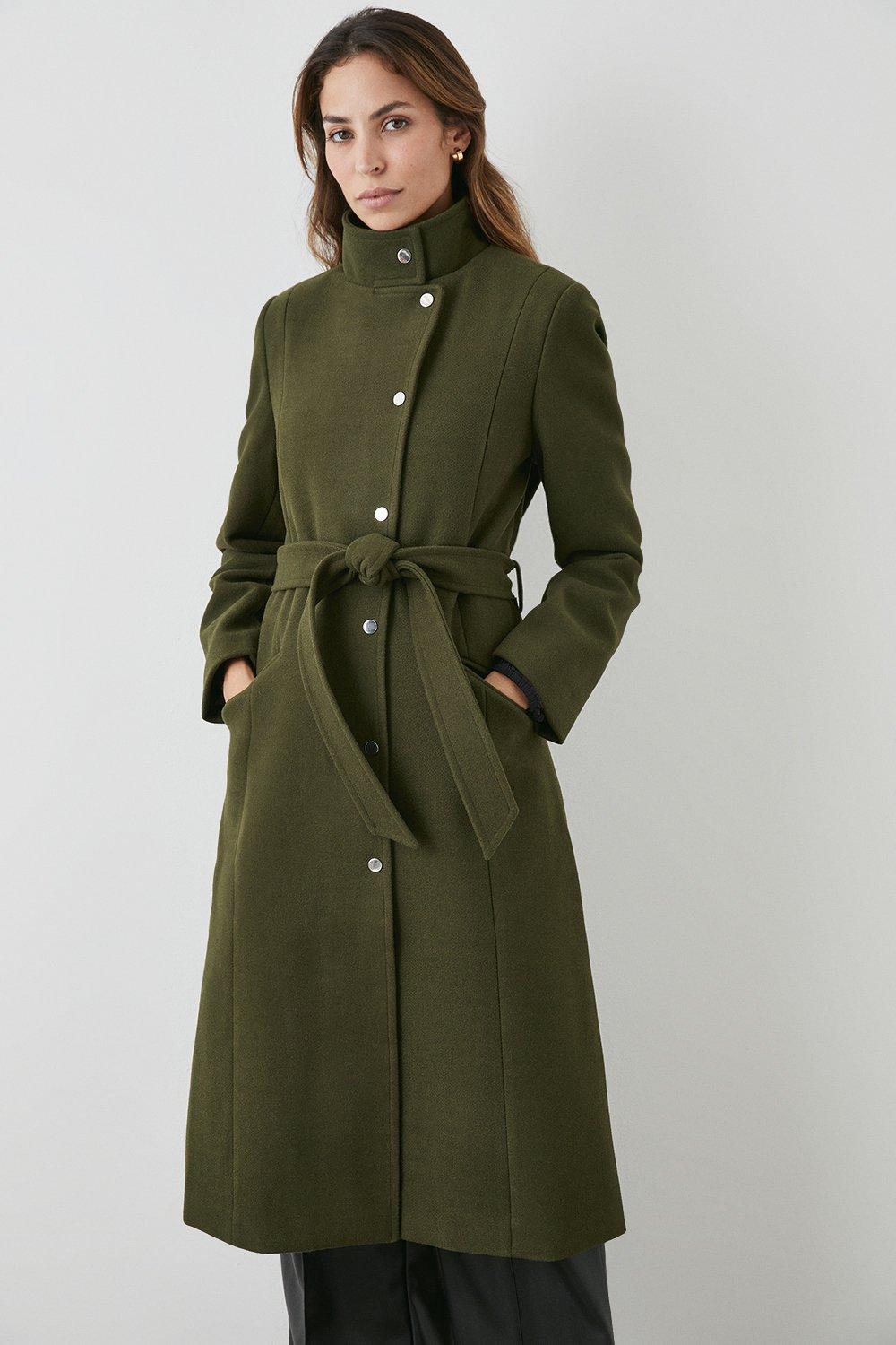 Button Detail Funnel Neck Belted Wrap Coat