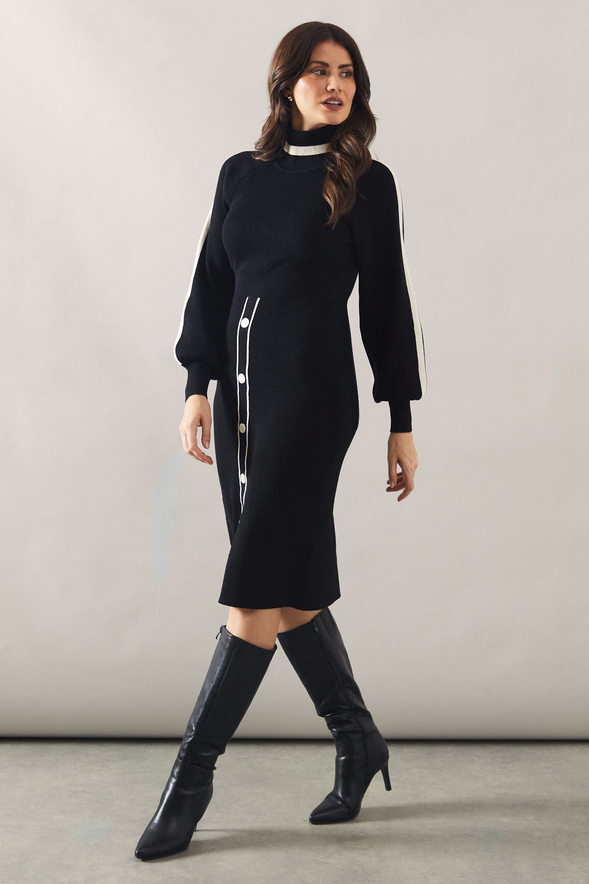 Tipped Button Skirt Roll Neck Midi Dress