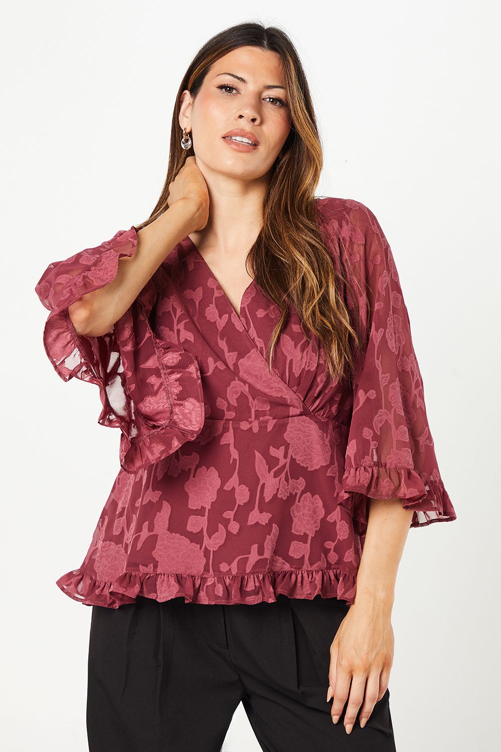 Occasion Jacquard Ruffle Wrap Blouse