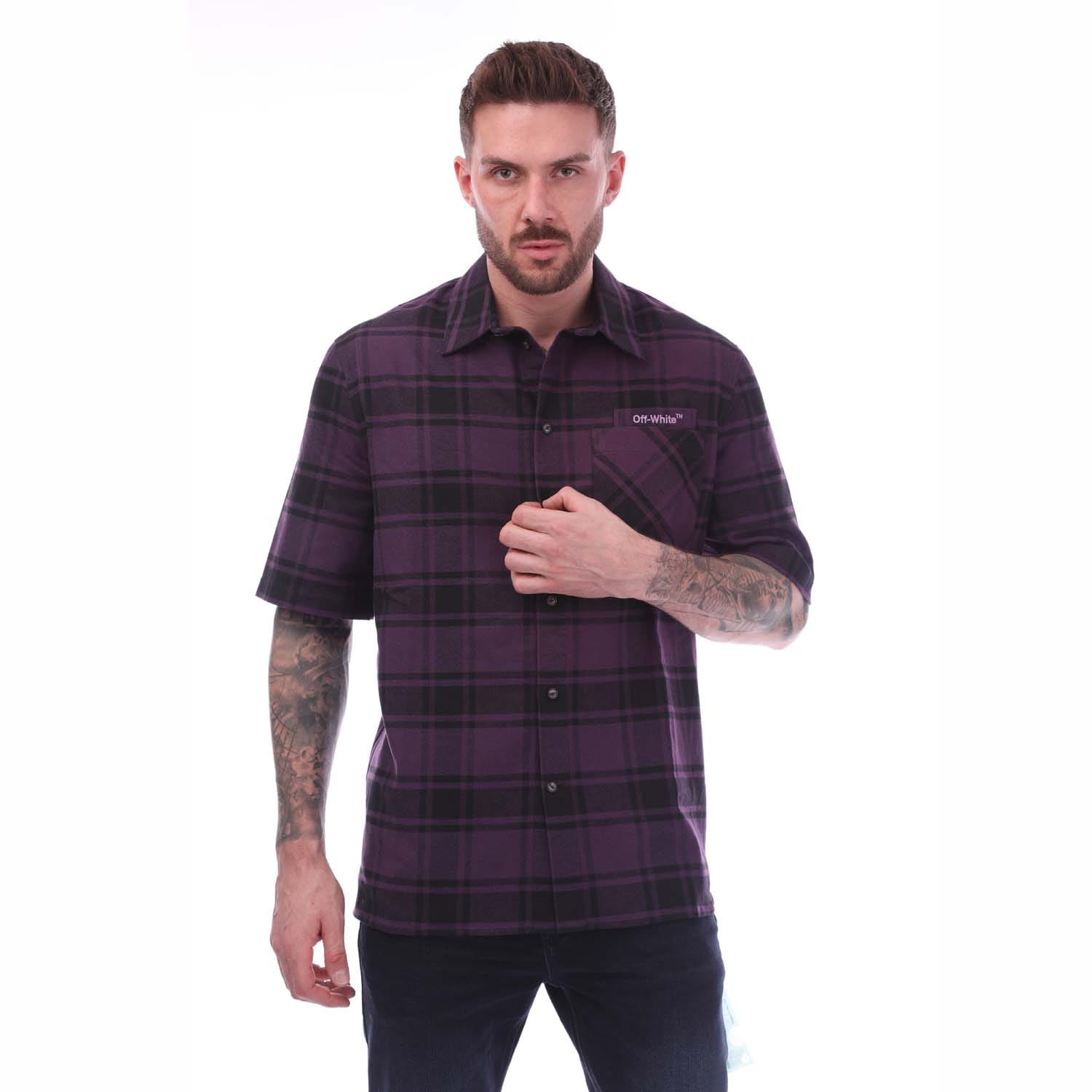 Men's Off White Outline Arrow Flannel Overshirt in Purple