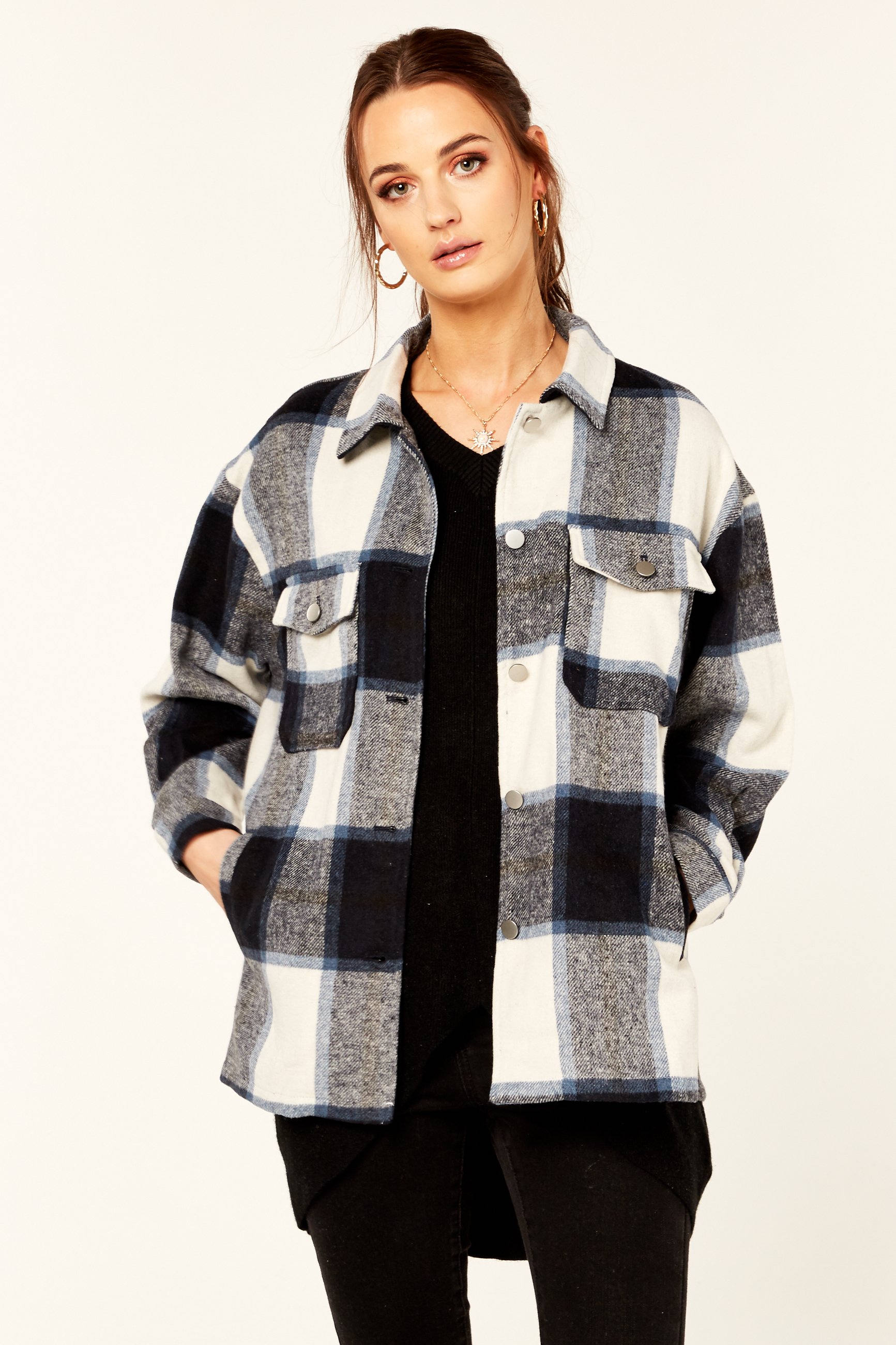 Check Oversized Pocket Detail Shacket