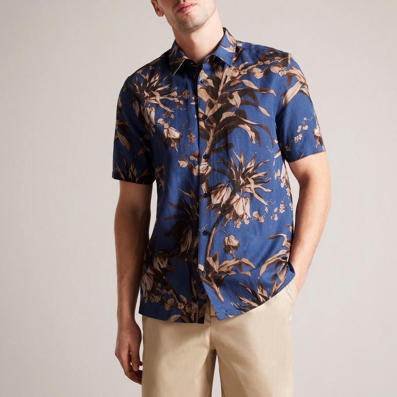 Heren Ted Baker Belmar Korte Mouw Linnen Blend Overhemd in Navy