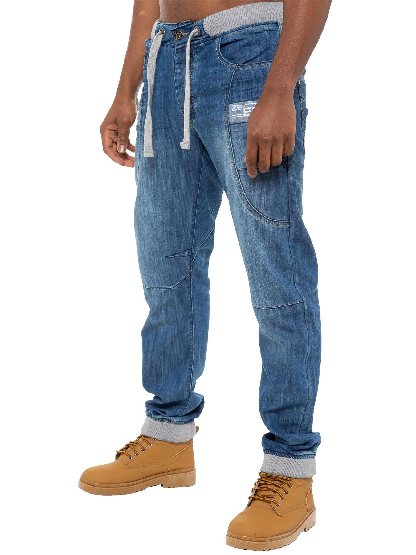 Enzo | Mens Denim Cuffed Jogger Jeans - Blue