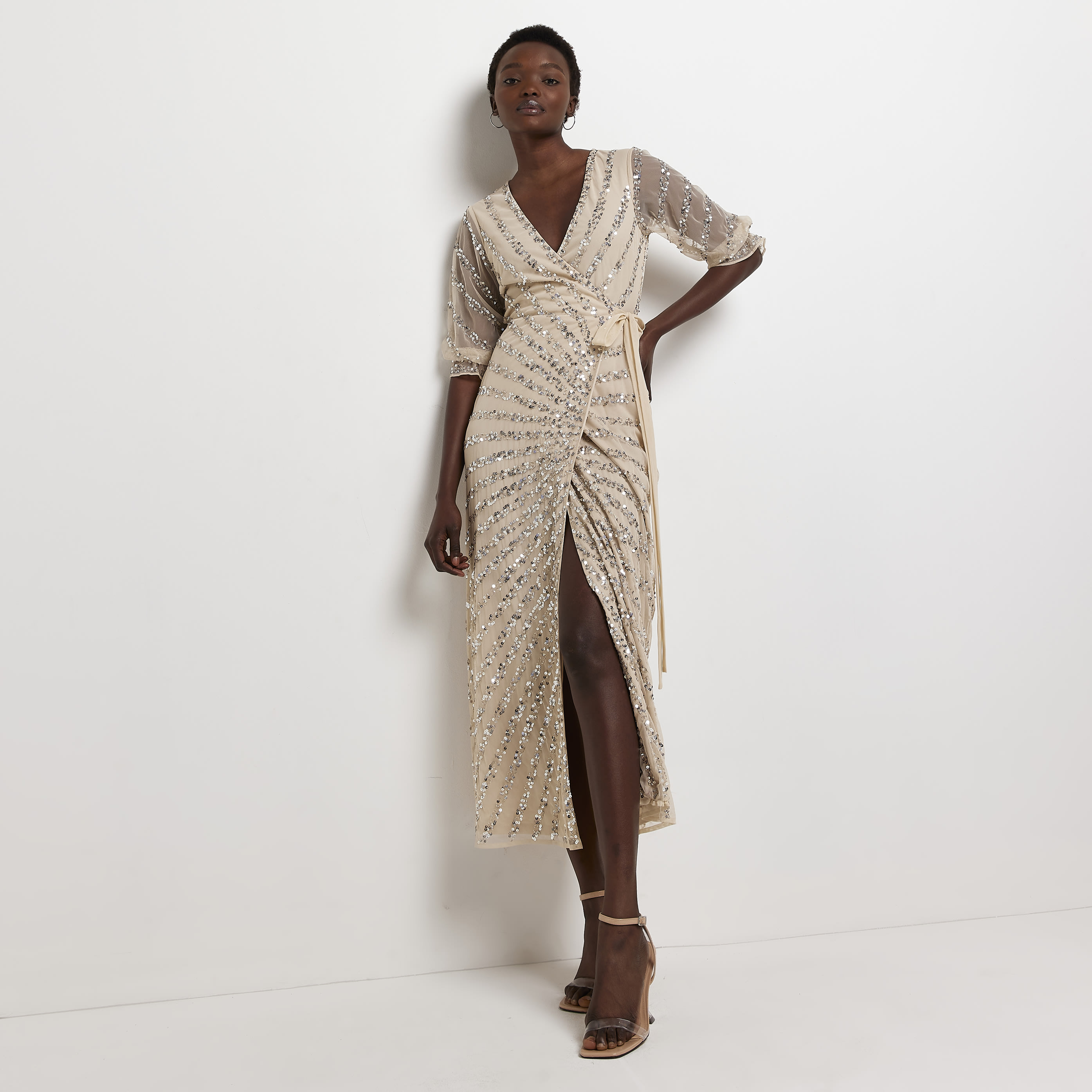 River Island Womens Wrap Midi Dress Beige Sequin