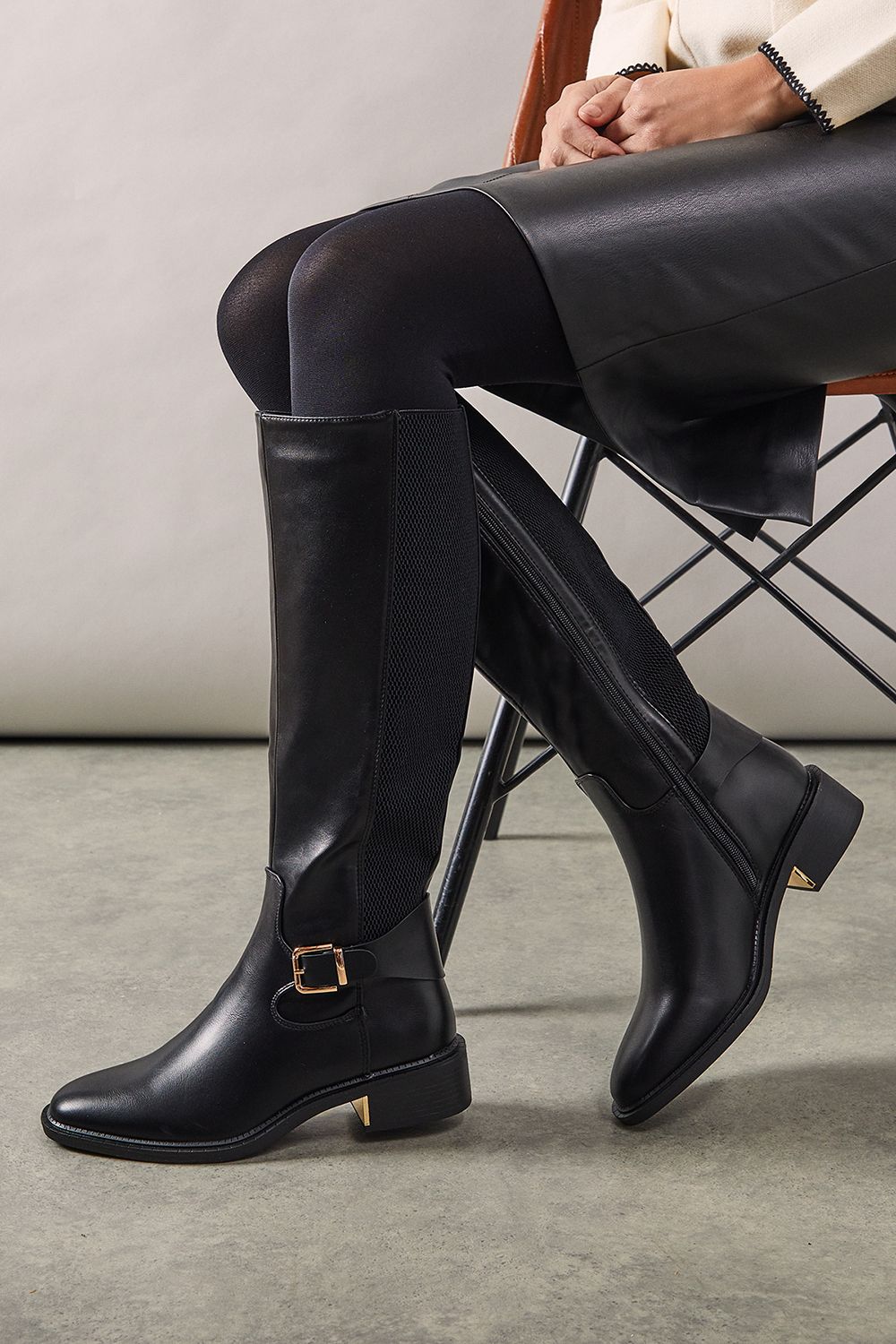 Holly Buckle Detail Elastic Back Knee High Riding Boots