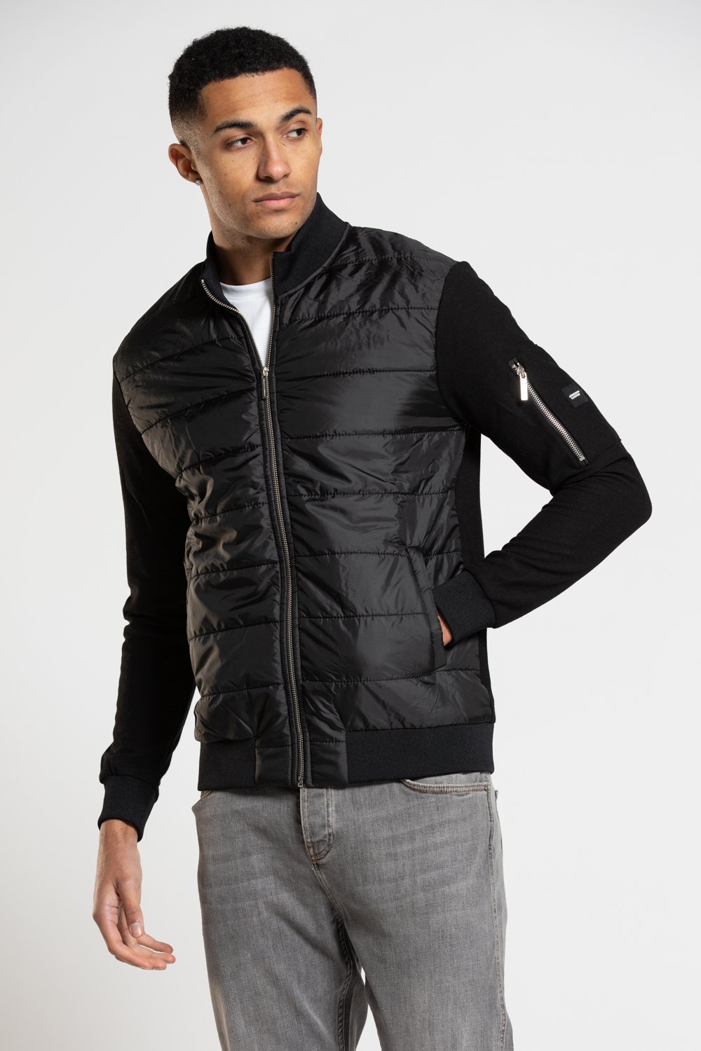 Black 'Berkley' Padded Funnel Neck Jacket with Jersey Sleeves