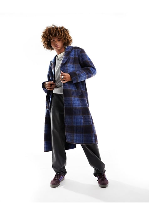 ASOS DESIGN oversized wool look overcoat in blue check