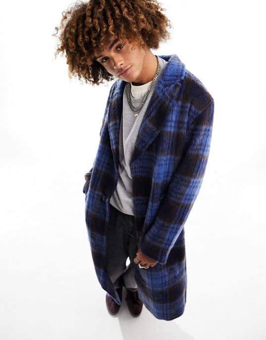 ASOS DESIGN oversized wool look overcoat in blue check