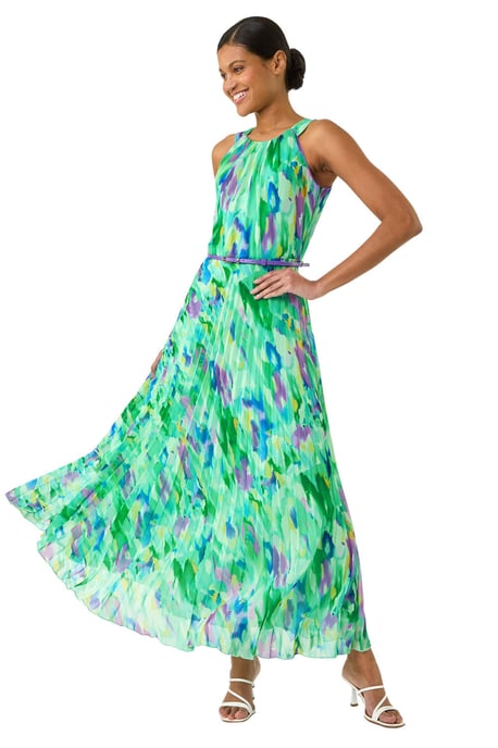 Blurred Print Pleated Maxi Dress