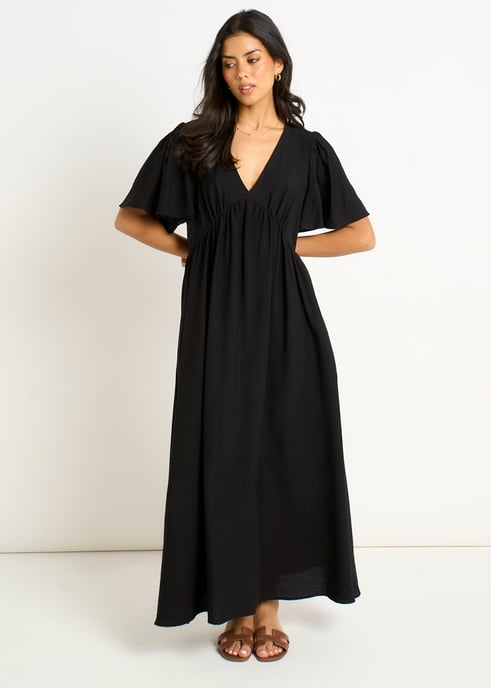 Black V Neck Angle Sleeves Skater Maxi Dress