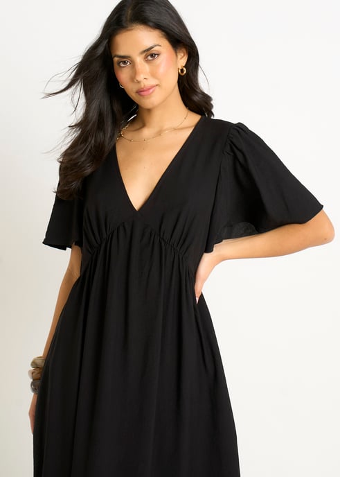 Black V Neck Angle Sleeves Skater Maxi Dress
