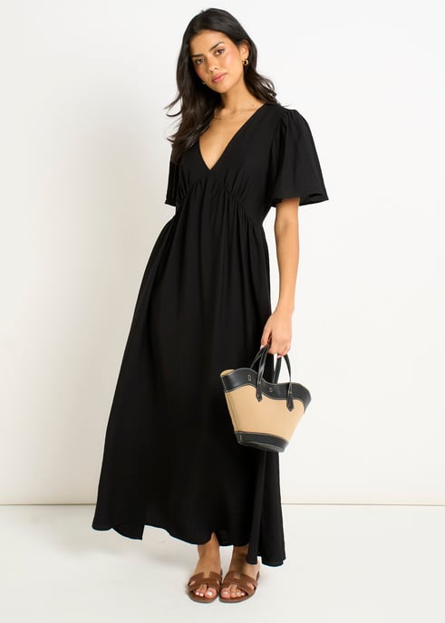 Black V Neck Angle Sleeves Skater Maxi Dress