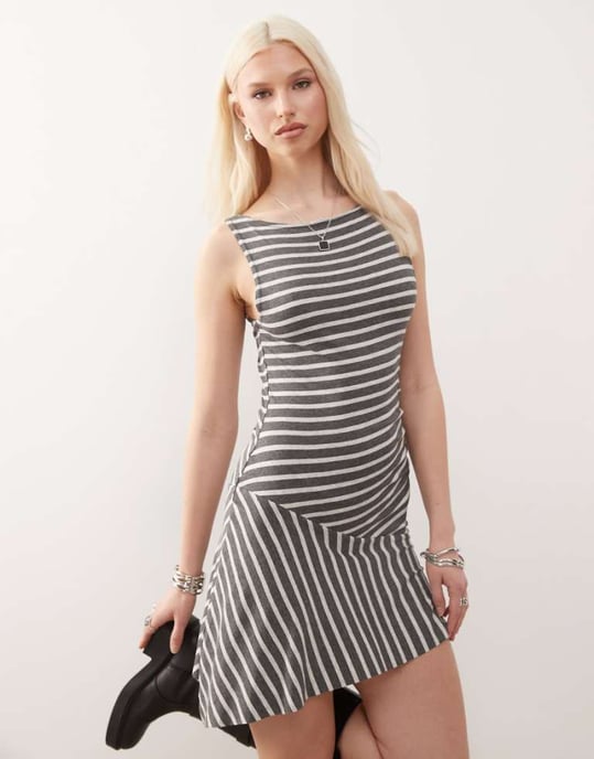 COLLUSION slash neck drop waist dress in grey stripe
