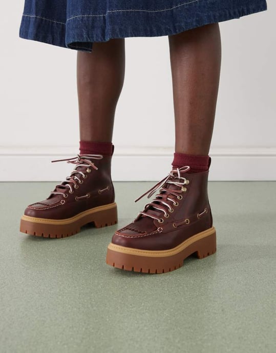 Timberland Stone Street lace up 7 eye elevated boots in burgundy