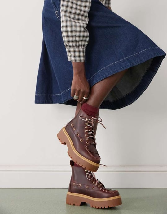 Timberland Stone Street lace up 7 eye elevated boots in burgundy