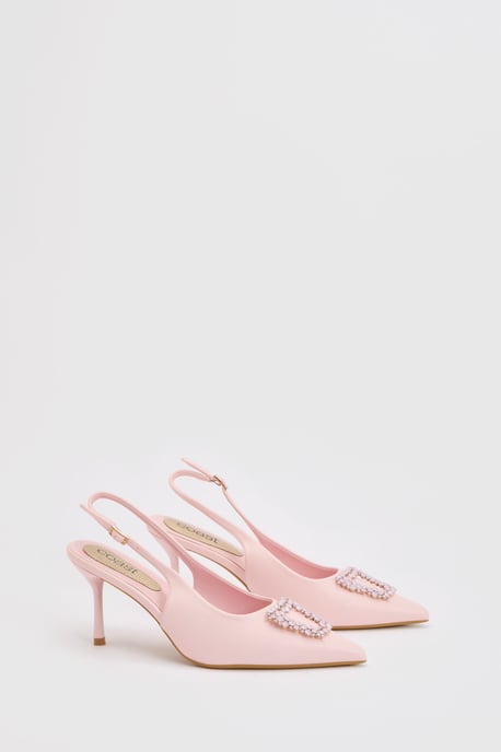 Diana Pink Faux Leather Square Coloured Trim Medium Stiletto Heel ...