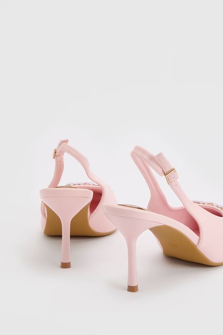 Diana Pink Faux Leather Square Coloured Trim Medium Stiletto Heel ...
