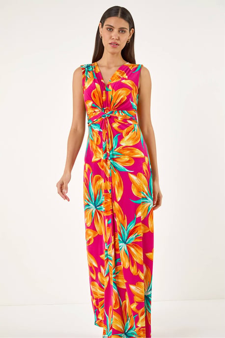 Floral Twist Front Stretch Maxi Dress