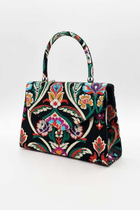 Floral Satin Embroidered Top Handle Bag in Black