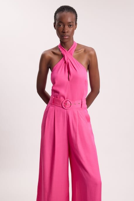 Premium Viscose Linen Cross Front Halter Belted Woven Wide Leg Jumpsuit