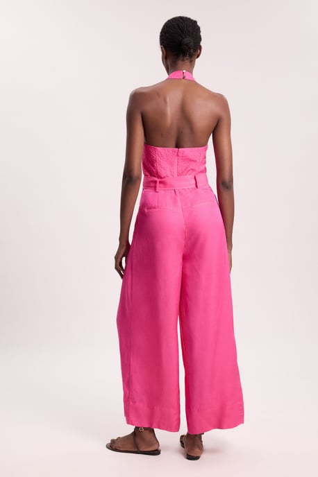 Premium Viscose Linen Cross Front Halter Belted Woven Wide Leg Jumpsuit