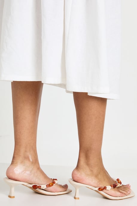Beaded Detail Toe Post Heeled Mules
