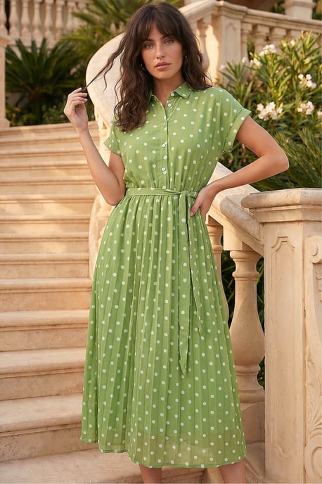 Spot Print Pleated Shirt Midi Dress