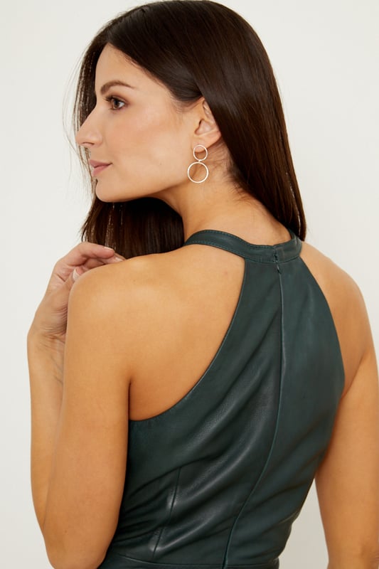 Dark Green Premium Leather Halter Neck Dress