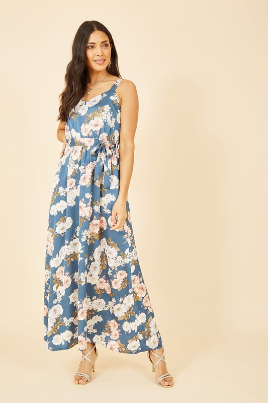 Blue Satin Floral Print Maxi Dress