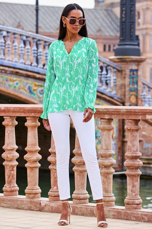 Green & White Floral Print Plisse Blouse