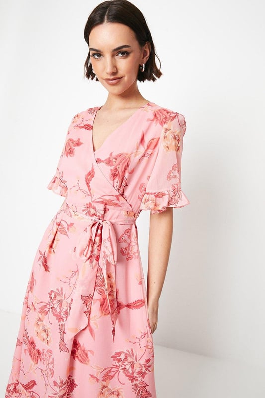 Floral Chiffon Frill Hem Detail Belted Midi Wrap Dress